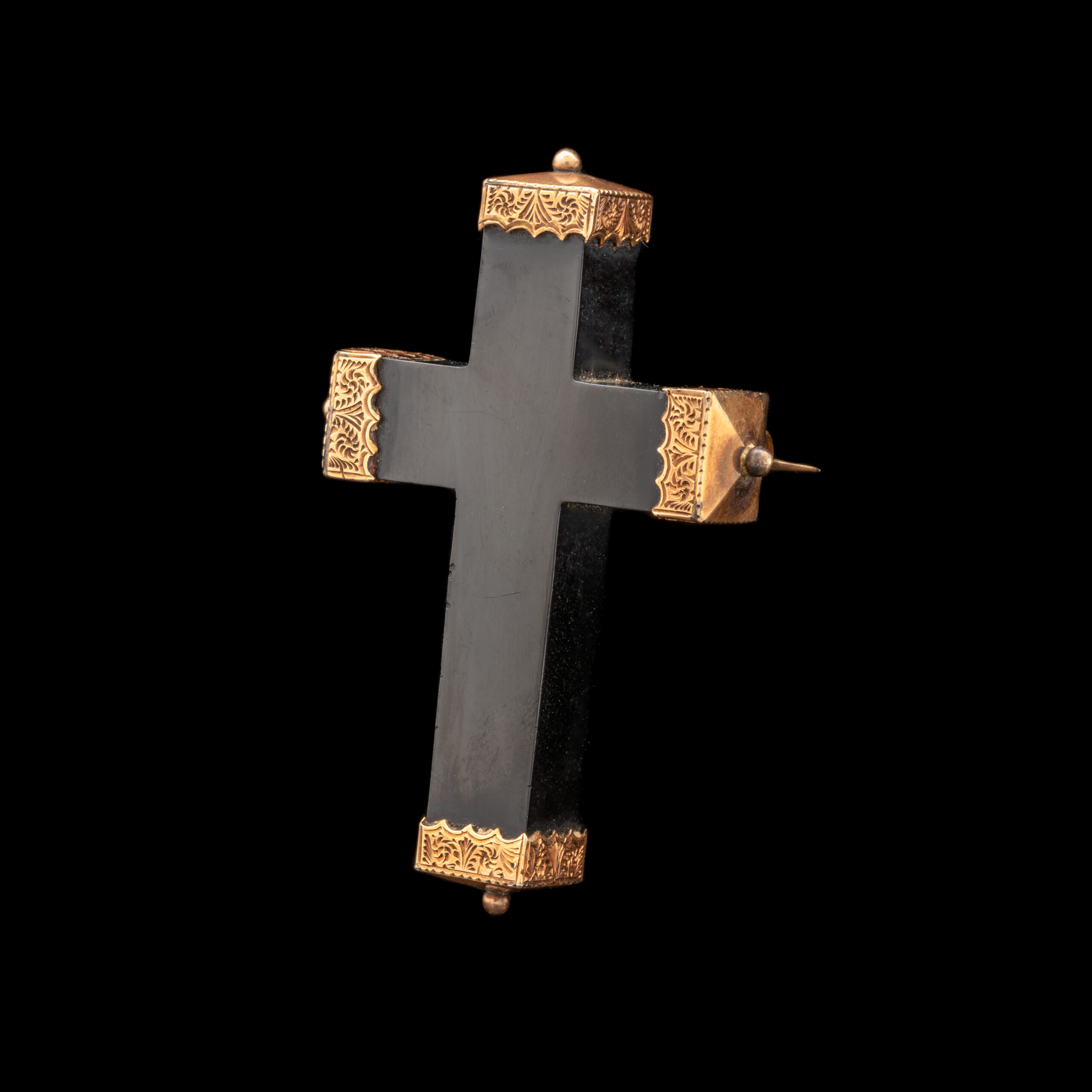 Victorian Whitby Black Jet Mourning Cross in 14K