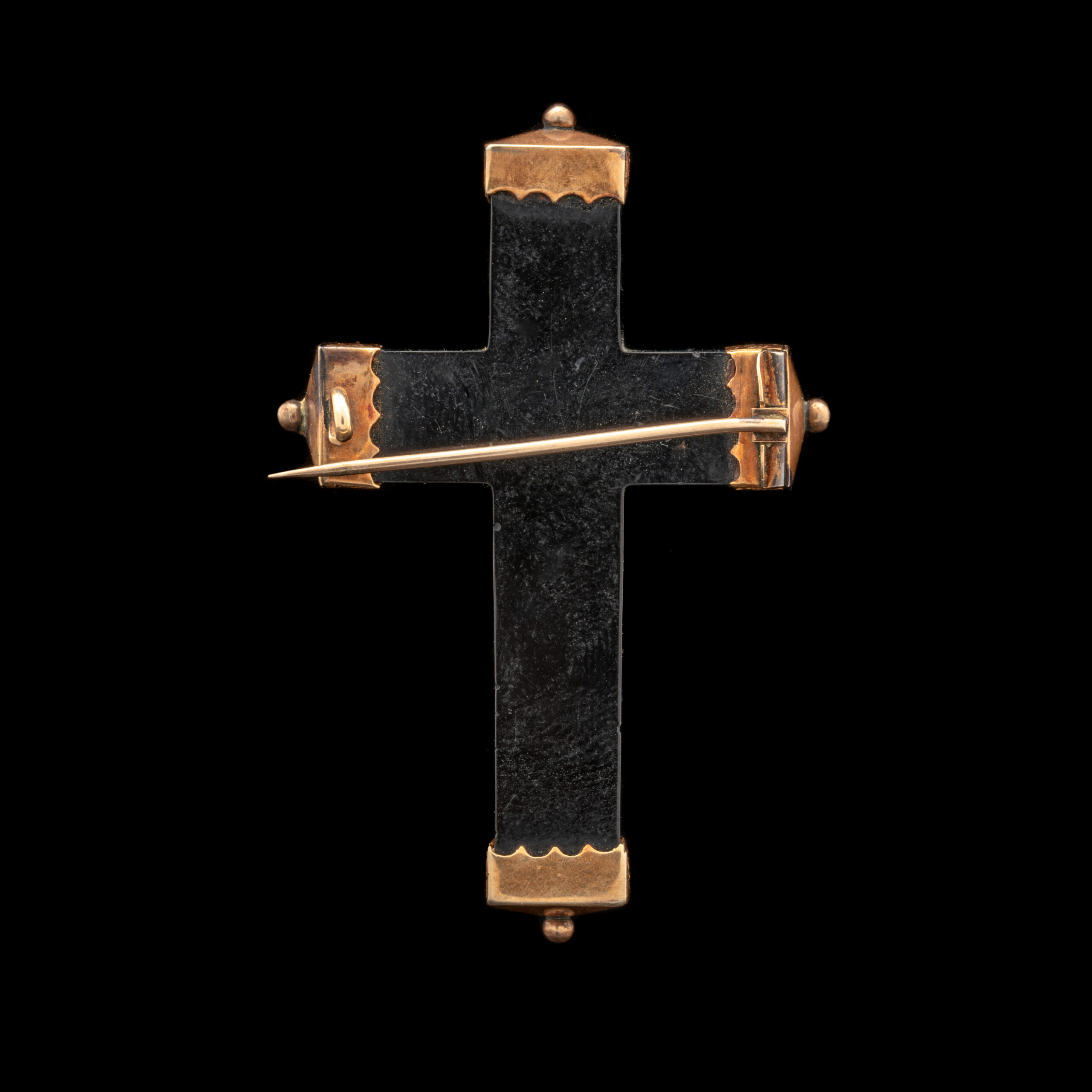 Victorian Whitby Black Jet Mourning Cross in 14K
