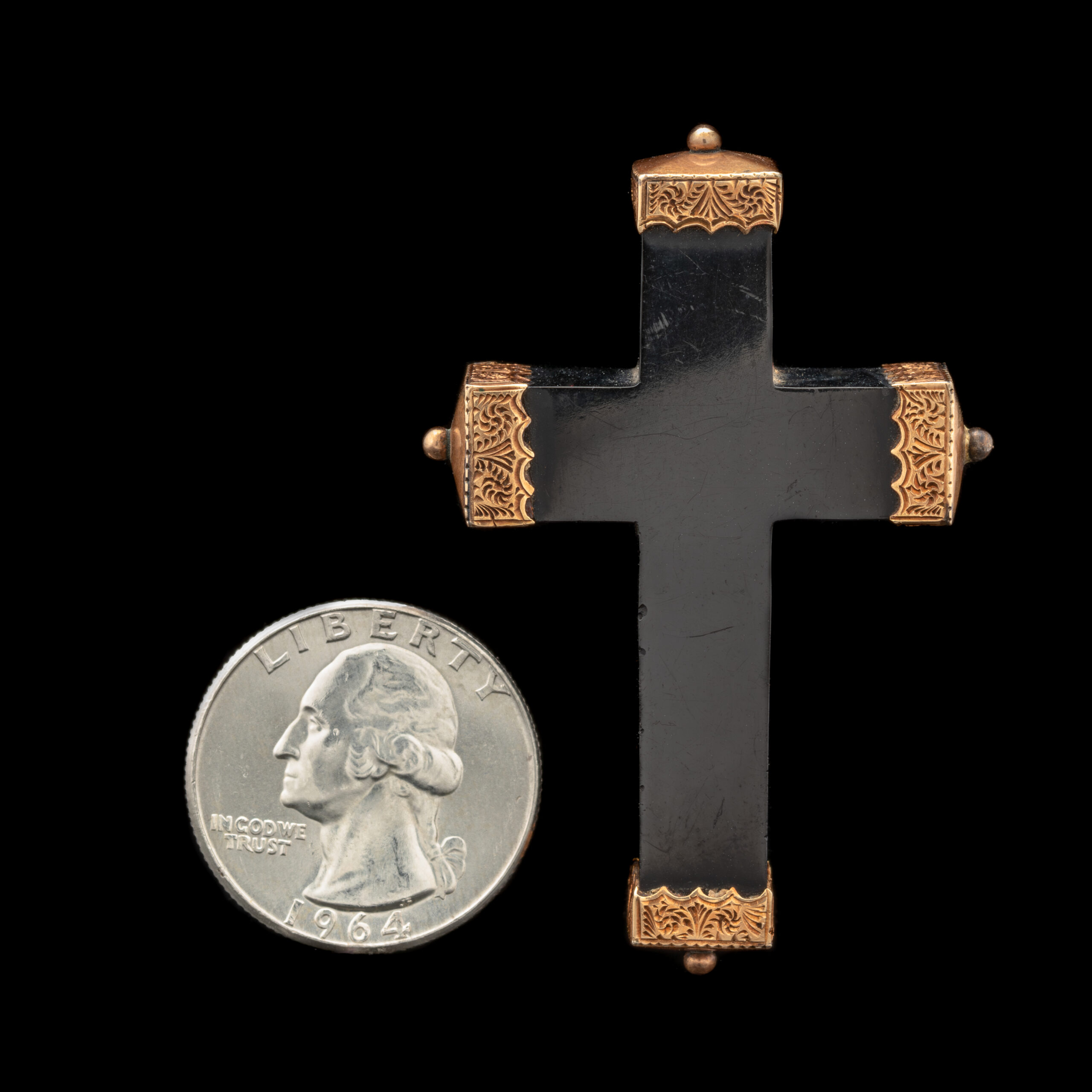 Victorian Whitby Black Jet Mourning Cross in 14K