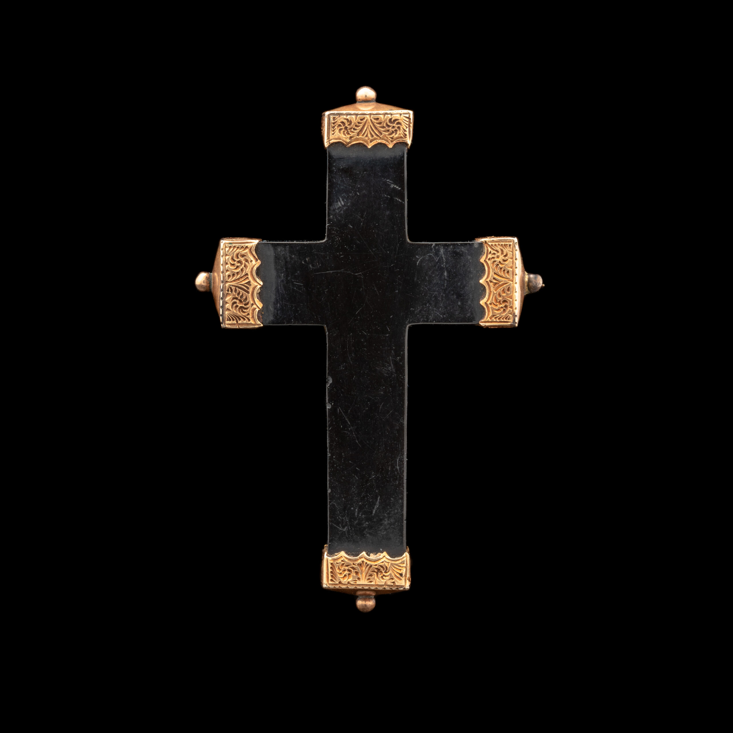 Victorian Whitby Black Jet Mourning Cross in 14K